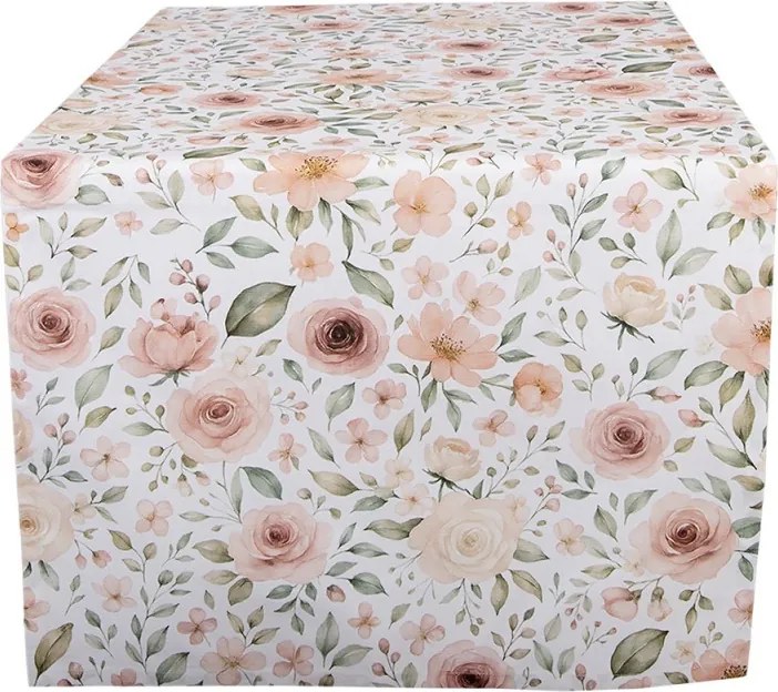 Bílý bavlněný běhoun s růžemi Soft Romantic Blush - 50*140 cm