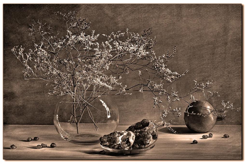 Obraz na plátně - Zátiší - větev a granátové jablko 1274FA (100x70 cm)