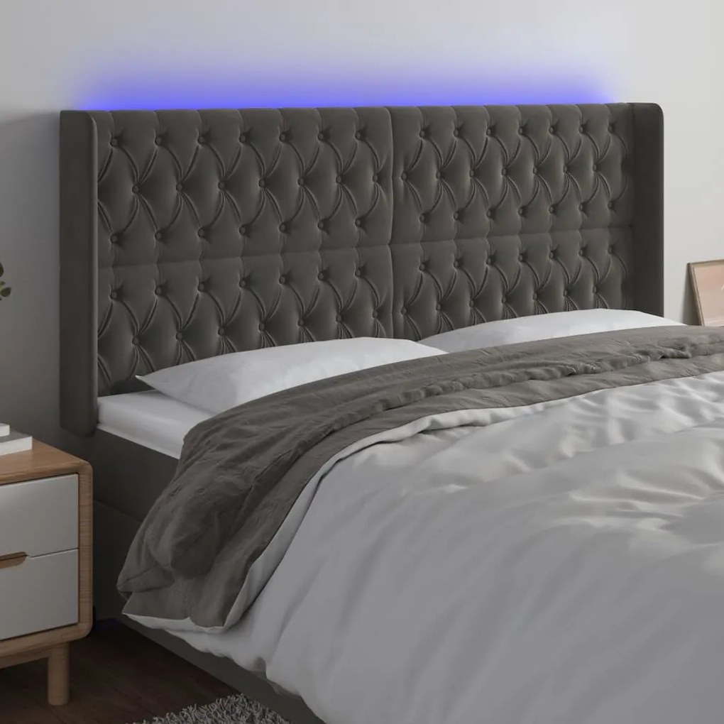 Čelo postele s LED tmavě šedé 183 x 16 x 118/128 cm samet 3124445