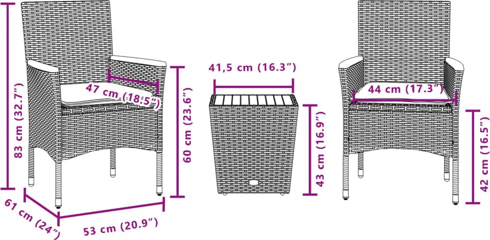 3dílný bistro set s poduškami šedý polyratan a sklo 3278746