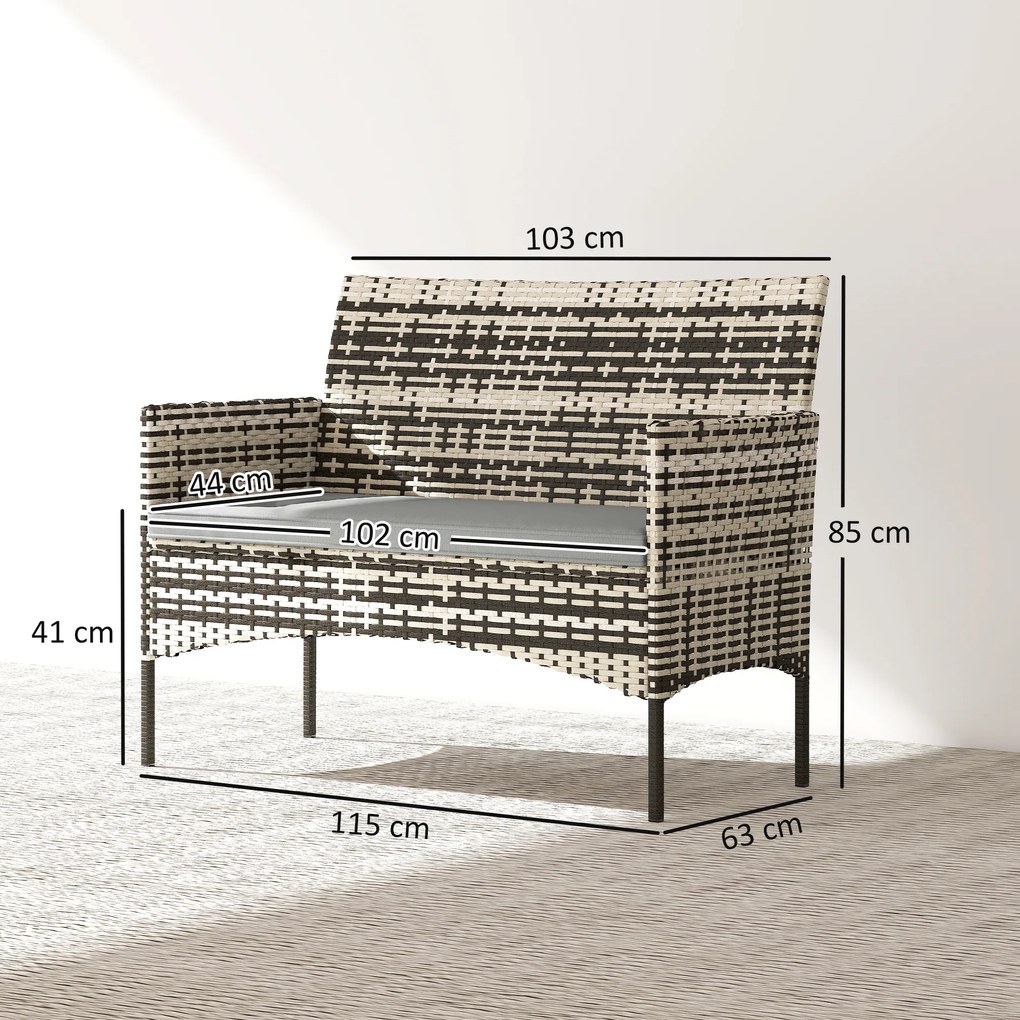 2místná ratanová zahradní pohovka PE ratanová venkovní pohovka na terasu s polštářem, protiskluzové rohože, ocelový rám, světle šedá barva