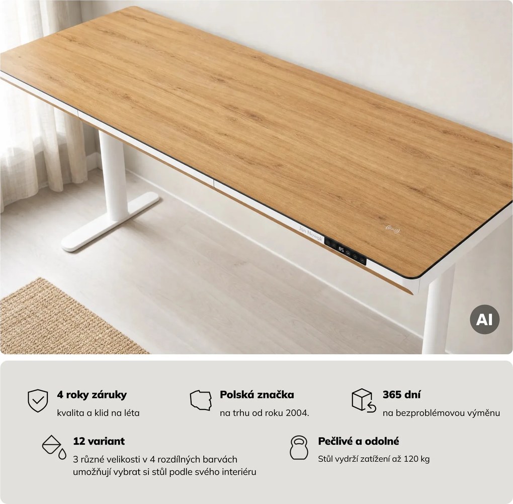 Elektrický psací stůl sit-stand se zásuvkou a bezdrátovou nabíječkou Qi bílý/zlatý dub, 1600 mm: ELLIS