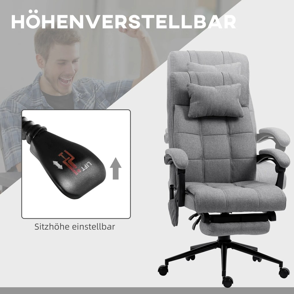 Kancelářská židle Vinsetto s masážní funkcí ergonomická výškově nastavitelná s bederním vyhříváním podnožka podhlavník polyester šedá 66x76x112-120cm…
