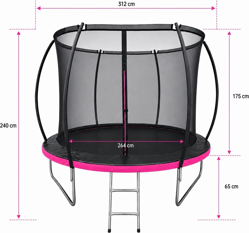 TRENDIE Trampolína s vnitřní sítí 312 cm růžová + žebřík