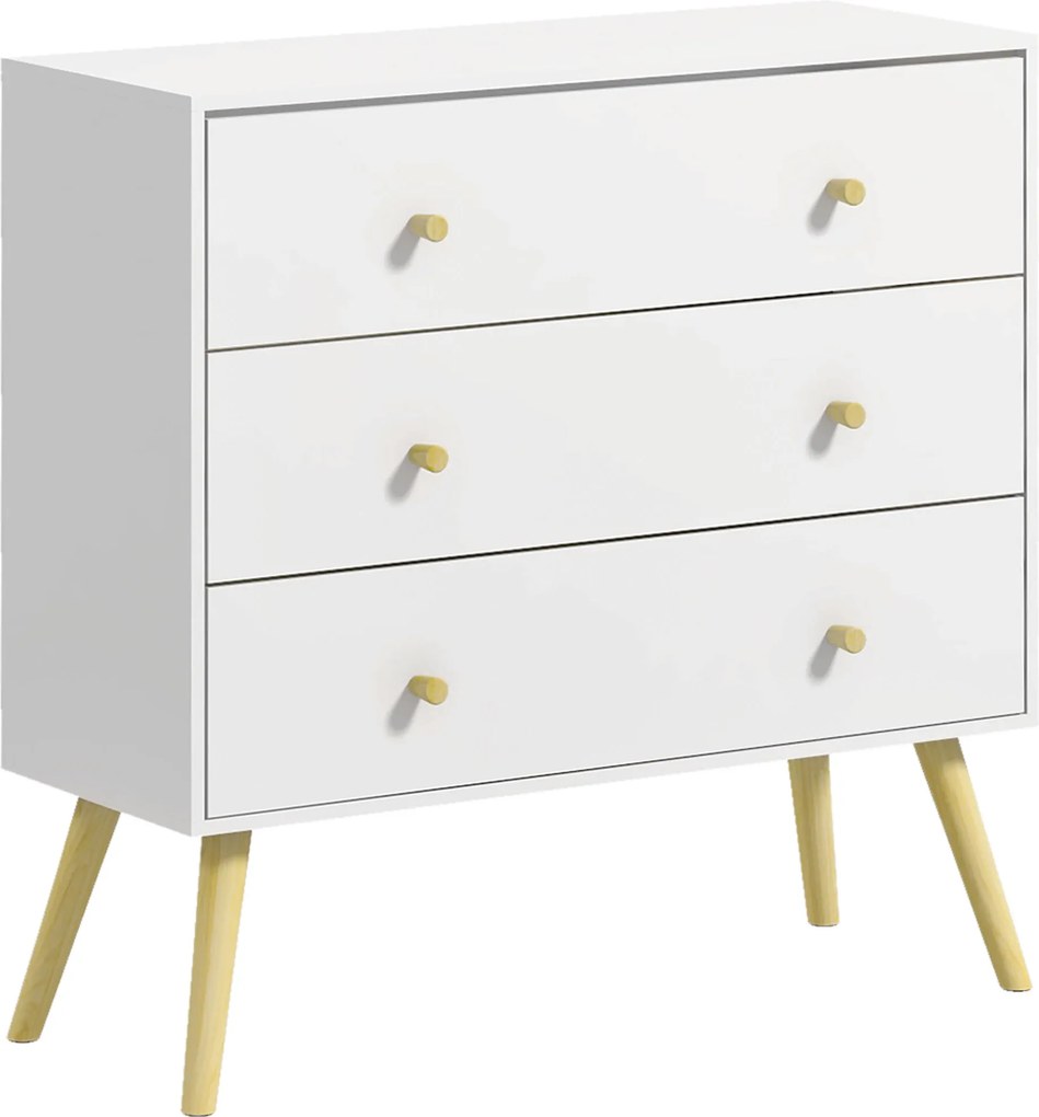 HOMCOM Komoda se 3 zásuvkami do ložnice s nohami z borovicového dřeva pro obývací pokoj, kancelář, ložnici, nosnost 70 kg, 80x30x80 cm, bílá