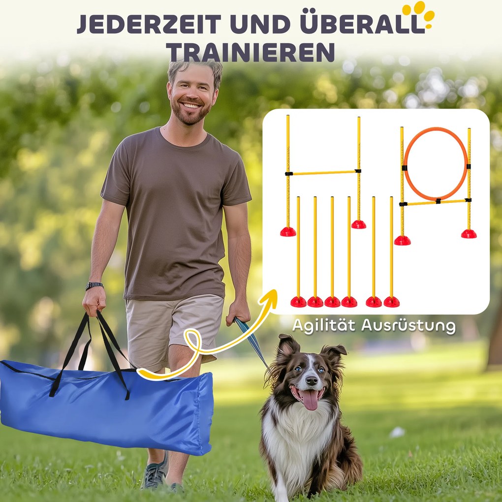 PawHut Agility Set pro psy - 3dílná výbava na agility pro výcvik psů, skokové překážky s nastavitelnými slalomovými tyčemi a kruhy pro koordinaci