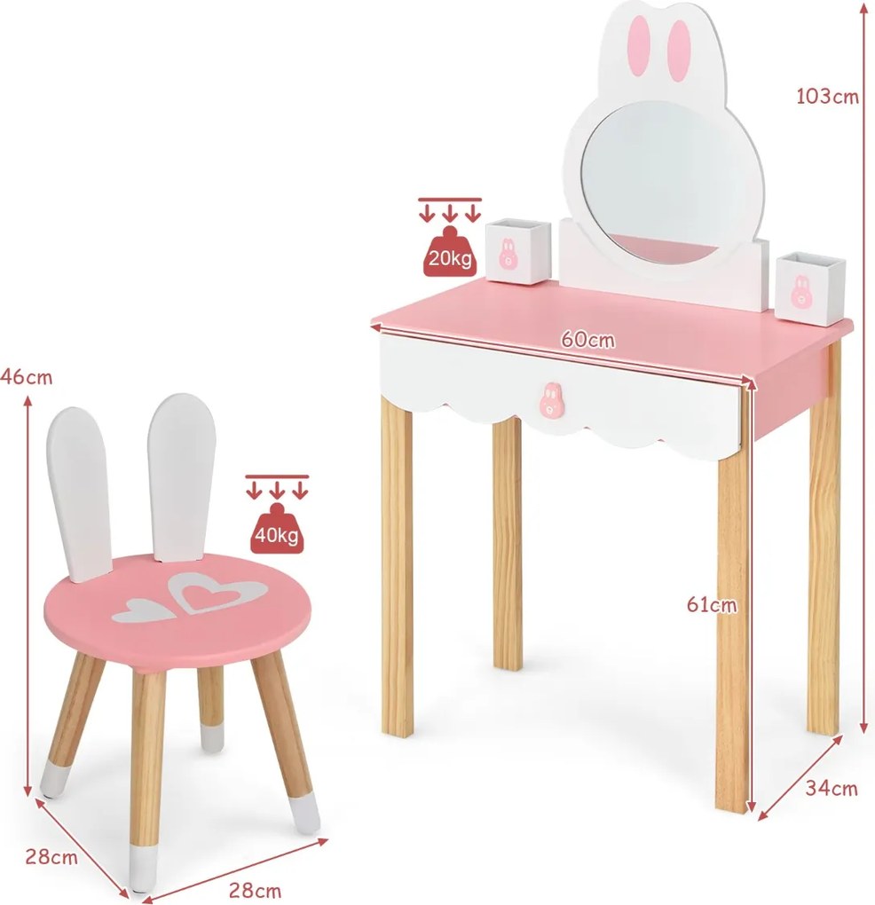 Costway Dětský toaletní stolek s taburetem Princess růžová + – 60 × 34 × 103 cm