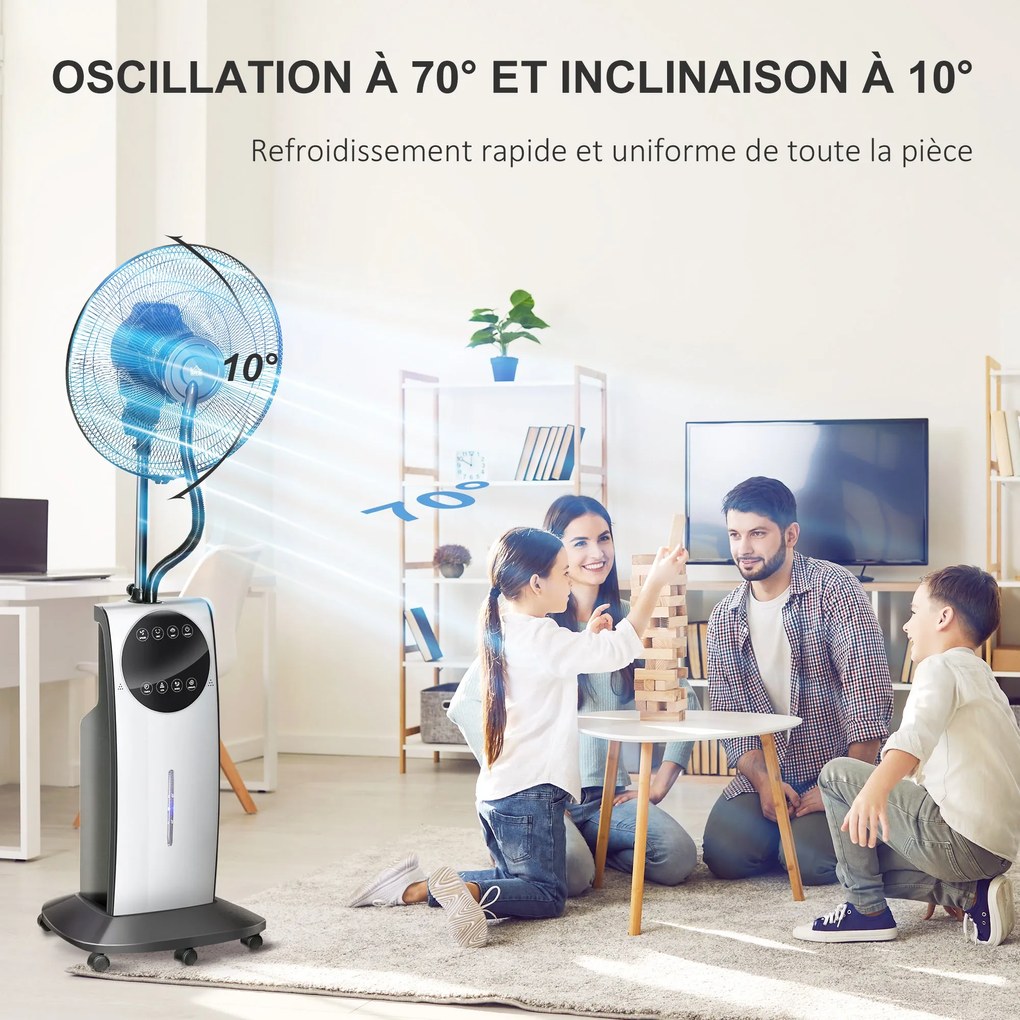 HOMCOM Tichý Zamlžovací Ventilátor 90 W, 135 cm Stojanový Ventilátor s 3 režimy a 3 rychlostmi, dálkové ovládání, 12H časovač, 70° oscilace, LED displ