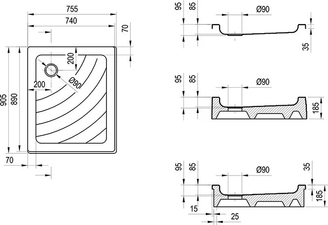 Ravak ANETA EX 75 x 90 cm A003701320 sprchová vanička