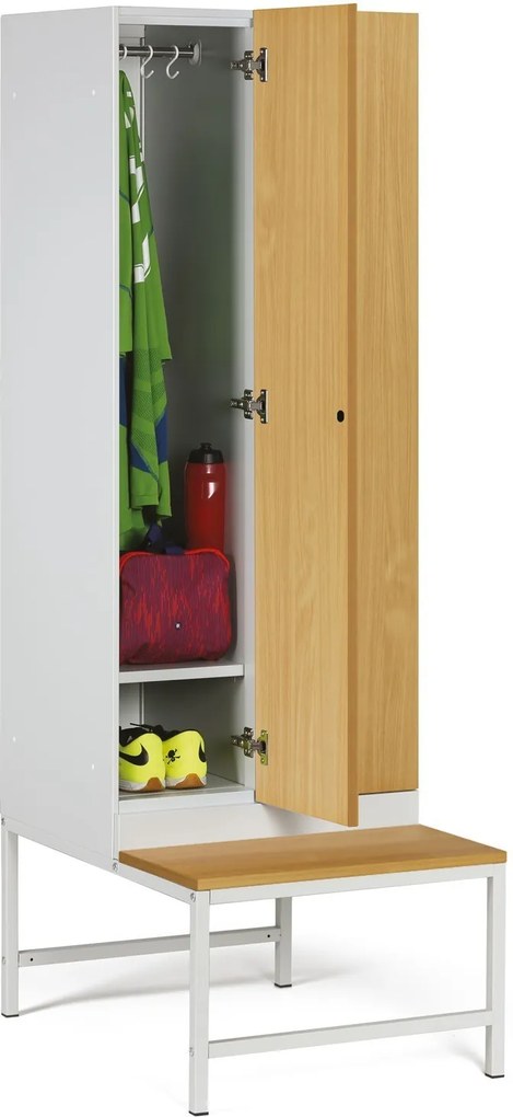 Šatní skříňka S1 s lavičkou, 2 oddíly, 1875 x 600 x 500/800 mm, RFID zámek, laminované dveře, dub přírodní