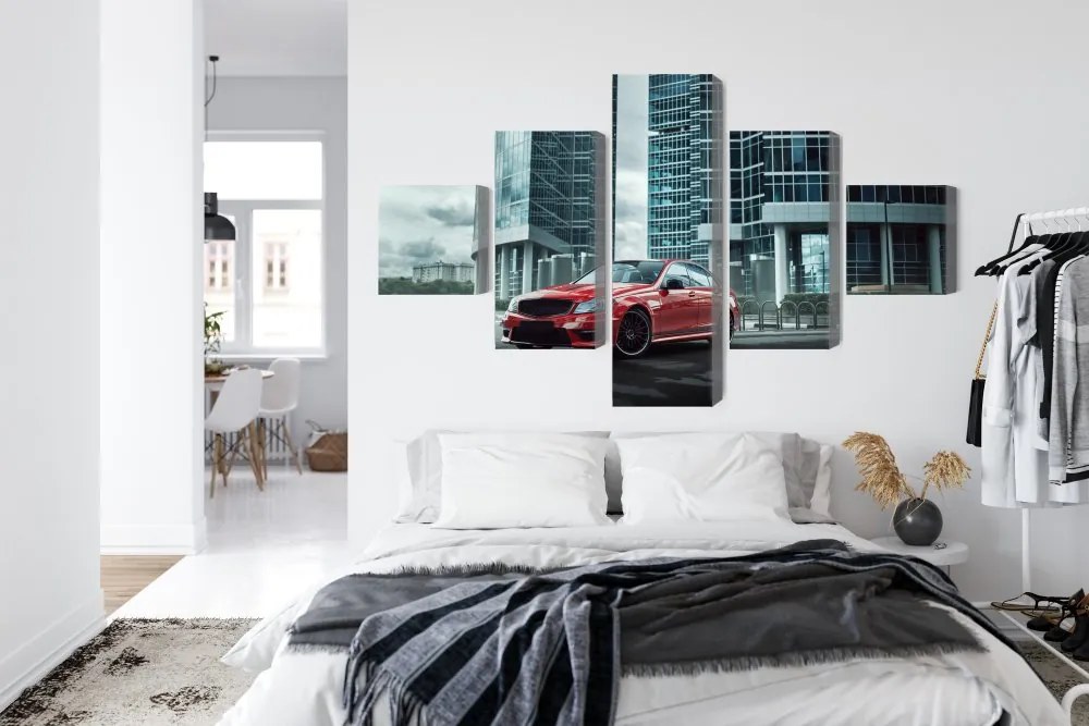 Vícedílný obraz Červené Auto Na Pozadí Moderních Mrakodrapů Nedostatek Nedostatek Plátno Canvas 200x120