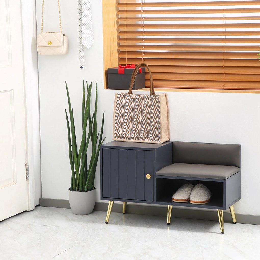 HOMCOM Šatní lavice Botník v art deco stylu, syntetický povrch, zlatá ocel, rozměry 80 x 33 x 49 cm, šedá