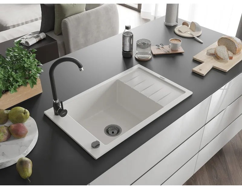 Mexen Elias, granitový dřez granitový 795x480x200 mm, 1-komorový, bílá s černým sifonem, 6511791005-20-B