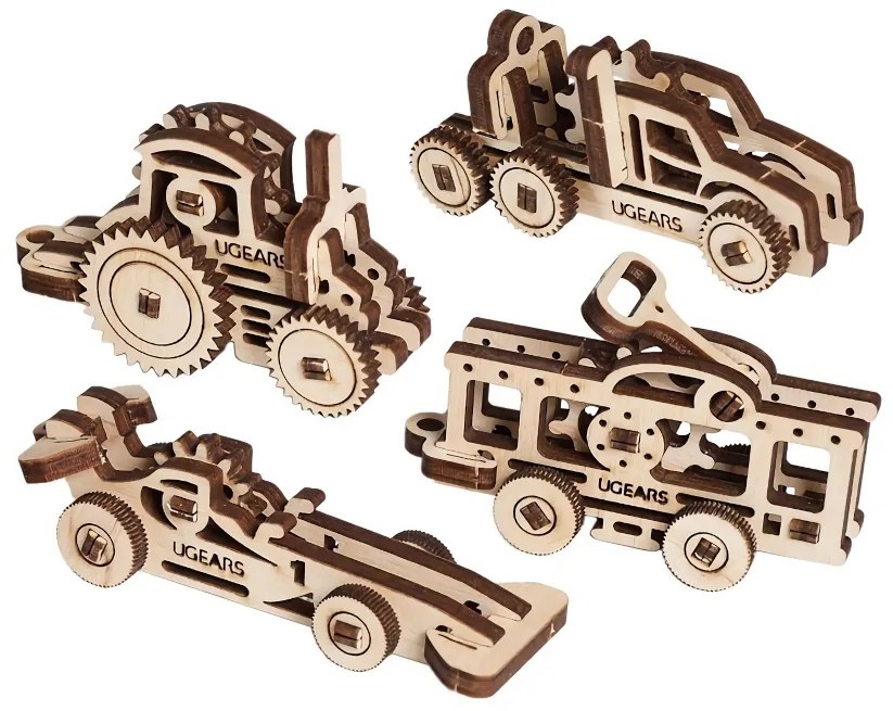 Ugears 3D dřevěné mechanické puzzle 4 mechanické přívěšky Vozidla