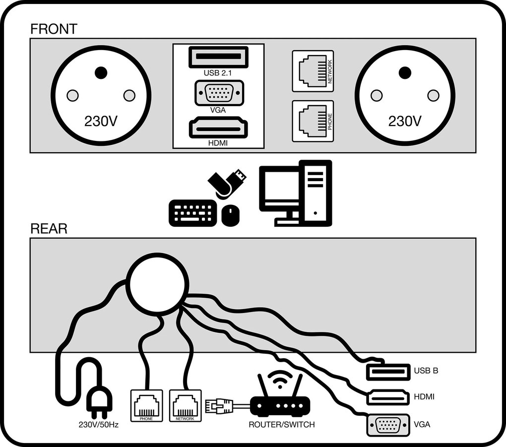 Jednací stůl PRIMO INVITATION, 200x100 cm, šedá + stolní zásuvka TYP VI, stříbrná