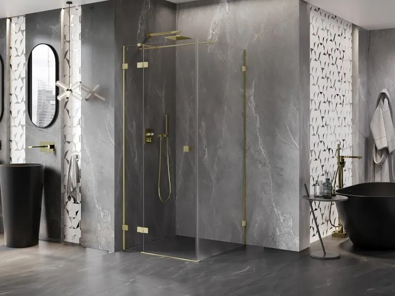 Mexen Lunar T, sklápěcí sprchový kout levý 110 x 110 cm, 8mm čiré sklo, zlatý kartáčovaný - 834T-110-110-55-00-L