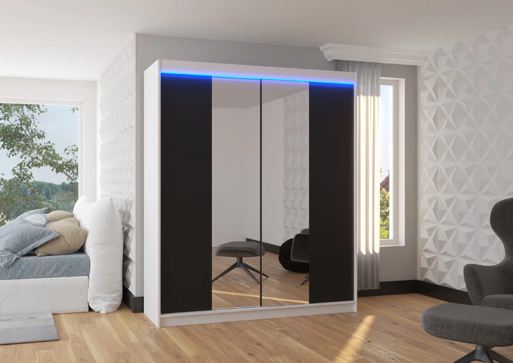 ADRK Furniture Posuvná skříň se zrcadlem a LED osvětlením BALANCE 180 SW-BAL-W+B-180+L-V306