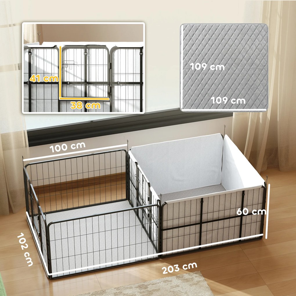 PawHut Pelíšek pro štěňata, ohrádka pro štěňata se 7 panely, 2 plochy, omyvatelná podložka pod stelivo, 203x102x60cm černá