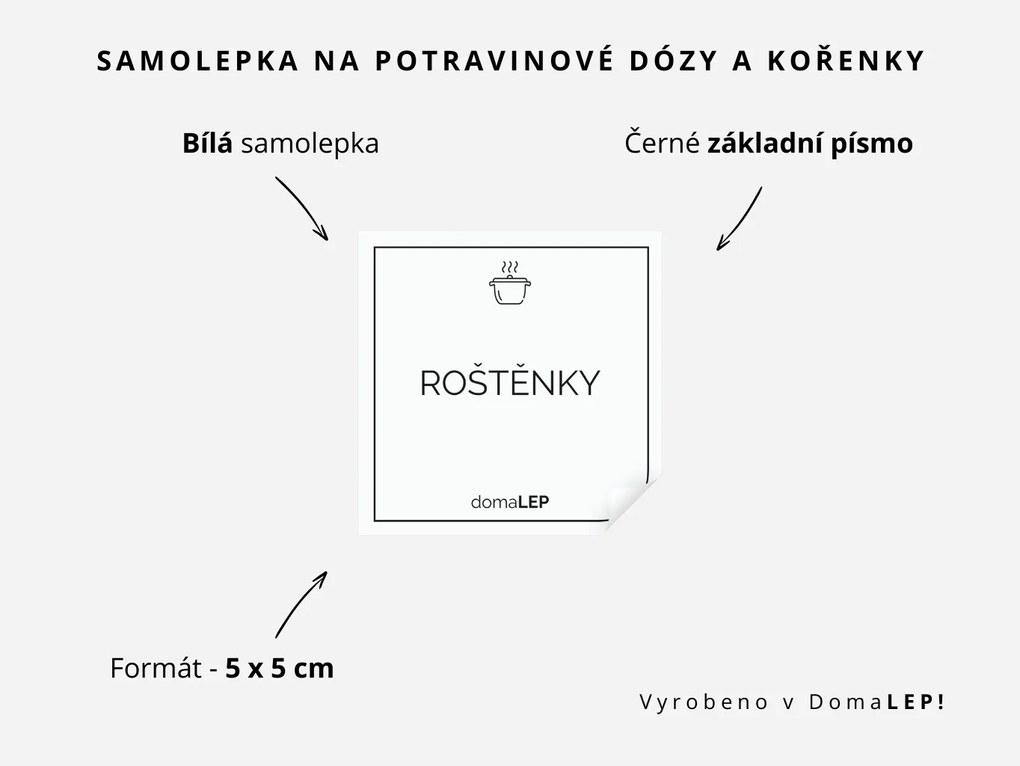 ROŠTĚNKY - omyvatelná samolepka na kořenky, výběr rozměrů Ø 5 cm / 5 x 5 cm / 6 x 8 cm | DomaLEP tvar: ČTVEREC, barva: BÍLÁ - ČERNÉ písmo, velikost: š. 5 cm x v. 5 cm - tučné písmo