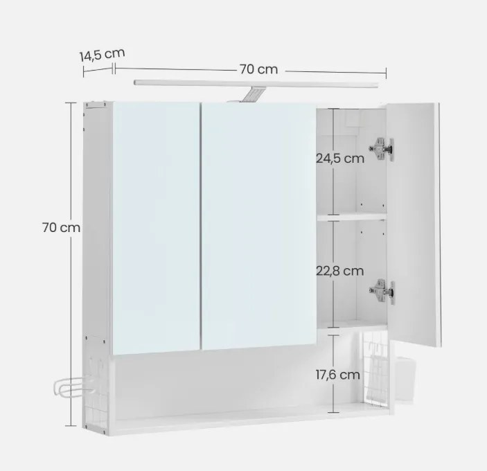 Bílá koupelnová skříňka se zrcadly a LED světlem 70 × 70 cm