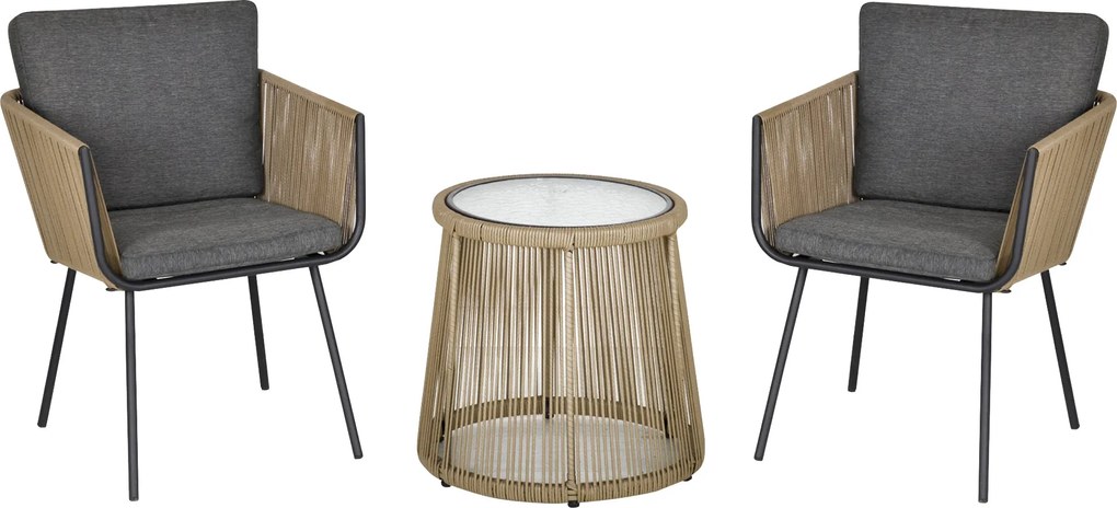 Outdoorová zahradní souprava Outsunny Poly Rattan, nábytek na balkon pro 2 osoby, 3-dílná zahradní souprava se 2 židlemi a stolem, polstry na sezení,