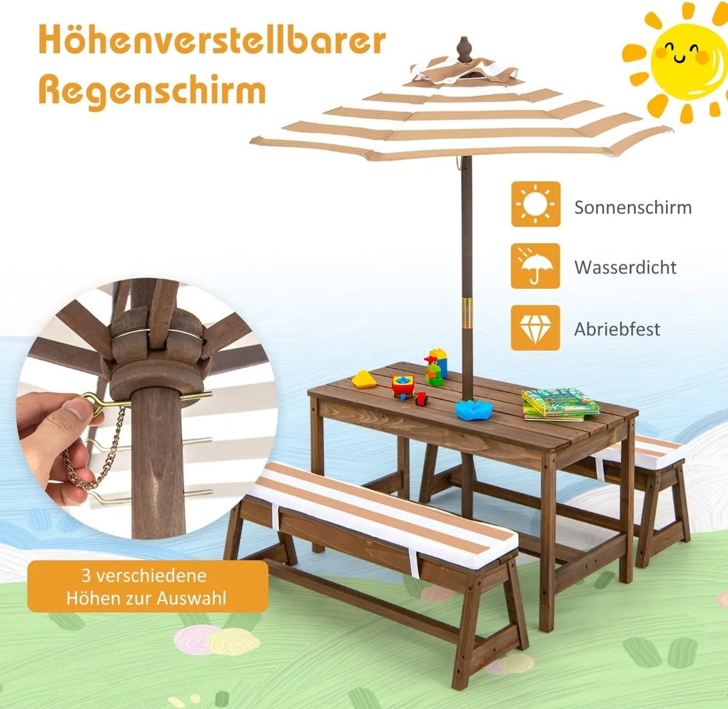 Costway Piknikový stůl se slunečníkem a lavice a set hnědé, hnědý