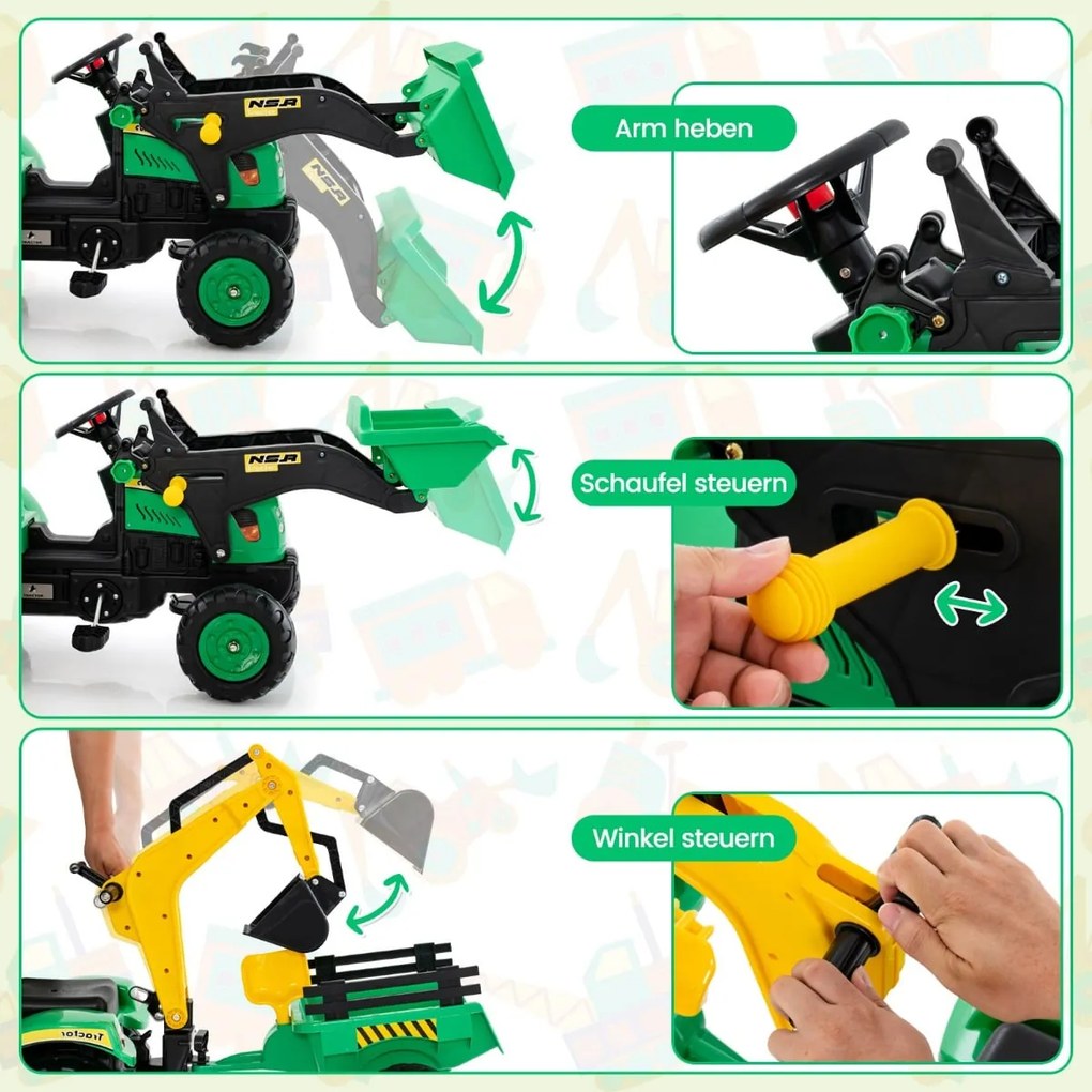 Costway 3 v 1 dětský buldozer s bagrem a 6 koly – 178 × 42 × 60 cm, zelený
