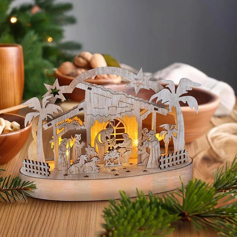 SOLIGHT Vánoční dřevěný betlém podsvícený, 5x LED, přírodní dřevo, 25cm, 2x AA