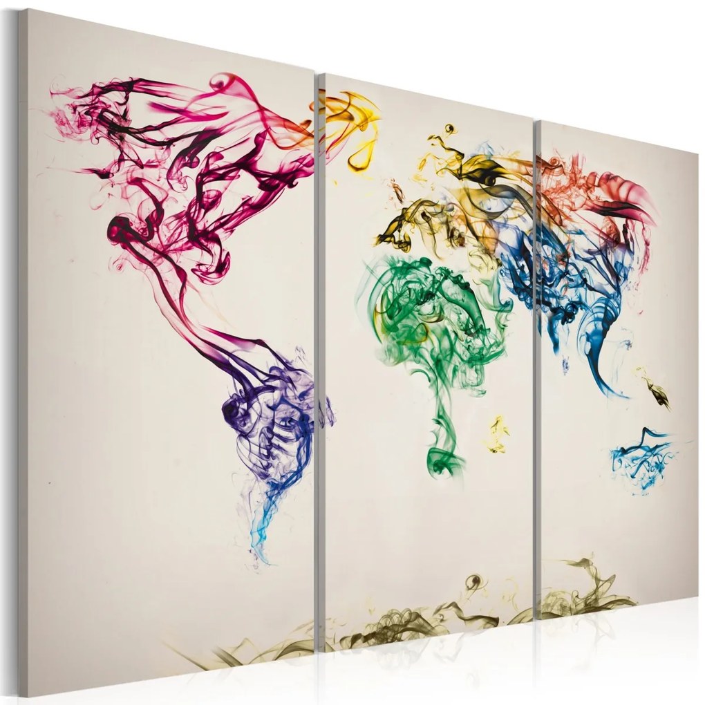 Obraz - The World map - colored smoke trails - triptych