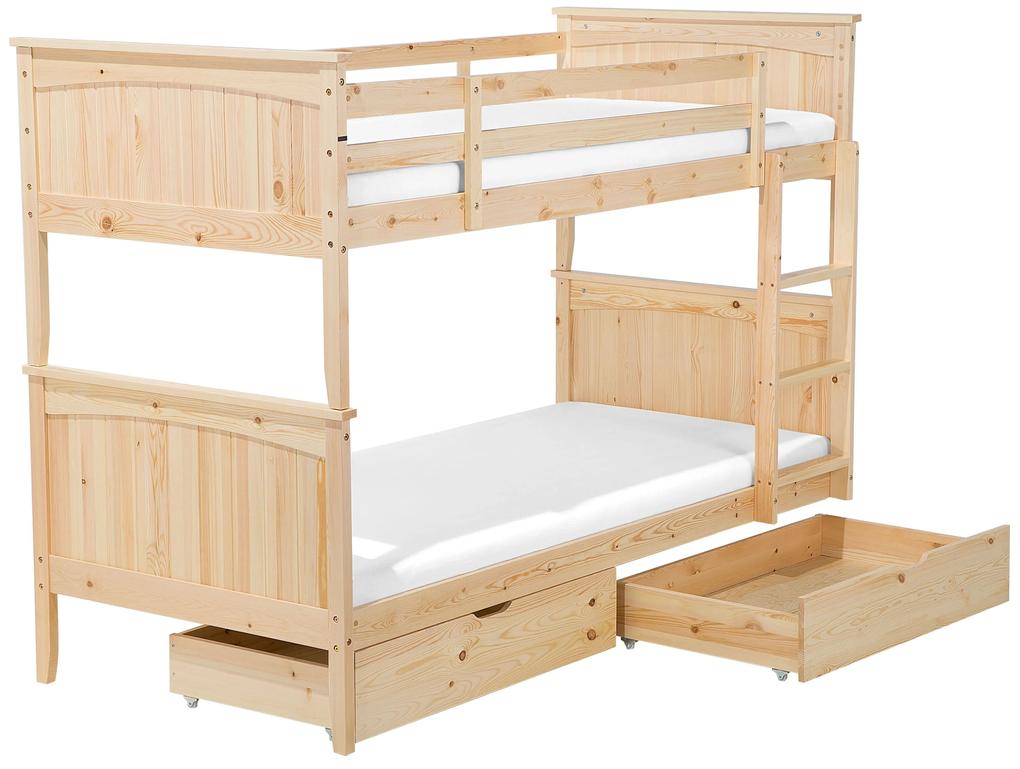 Dřevěná patrová postel s úložným prostorem 90 x 200 cm světlé dřevo ALBON Beliani