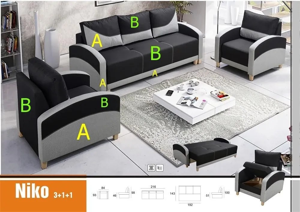 Sedací souprava Niko 3+1+1, černá/šedá/dřevo bílé (an4923/4920)