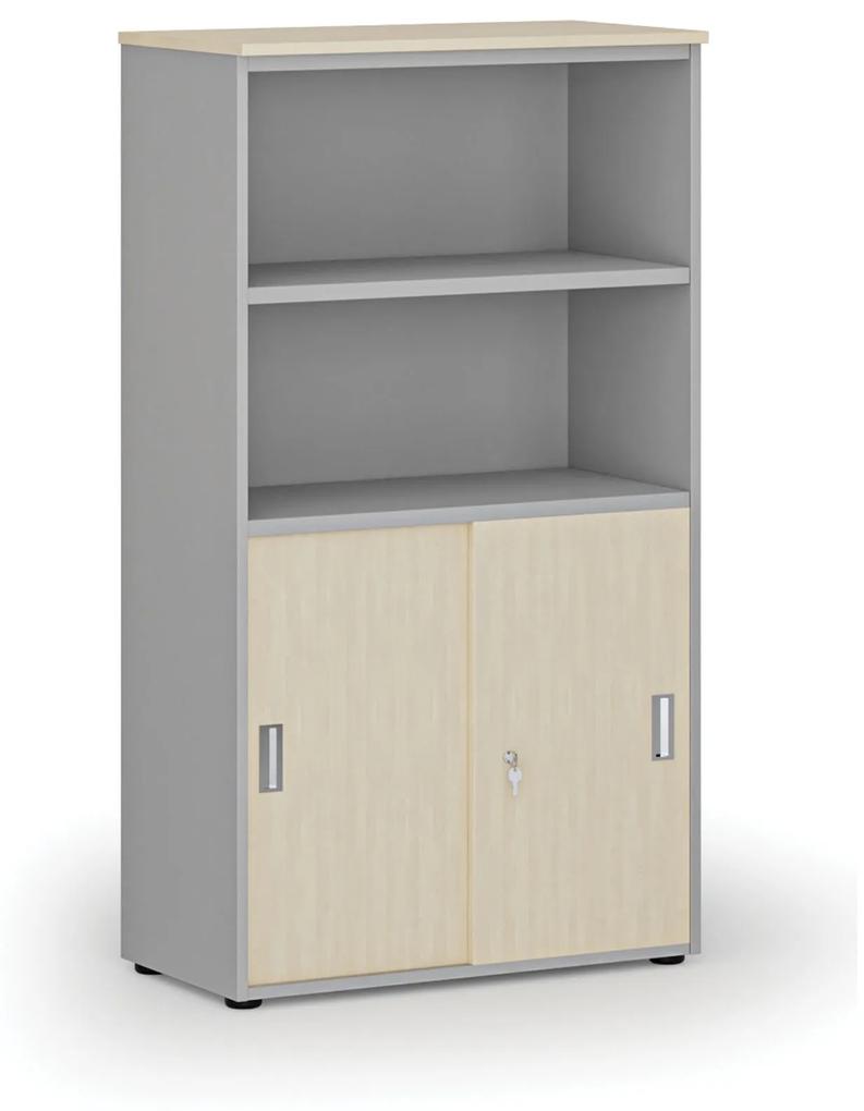 Kombinovaná kancelářská skříň PRIMO GRAY, zasouvací dveře na 2 patra, 1434 x 800 x 420 mm, šedá/bříza