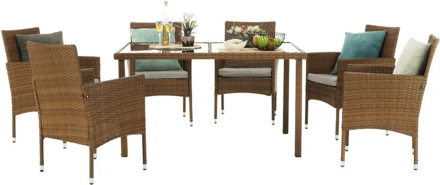 Zahradní set, jídelní stůl + 6x židle, ratan, medová / krémová, GARDEN