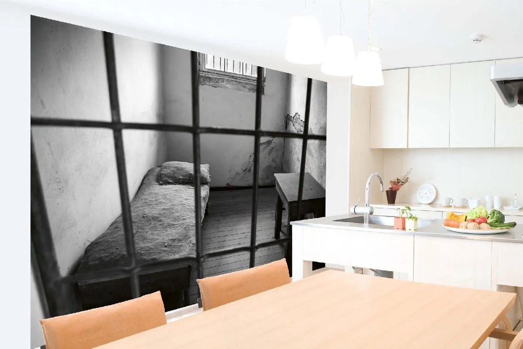 DIMEX | Samolepicí vliesová fototapeta na zeď Postel uvnitř cely MA-5-0959 | 375 x 250 cm | bílá, šedá