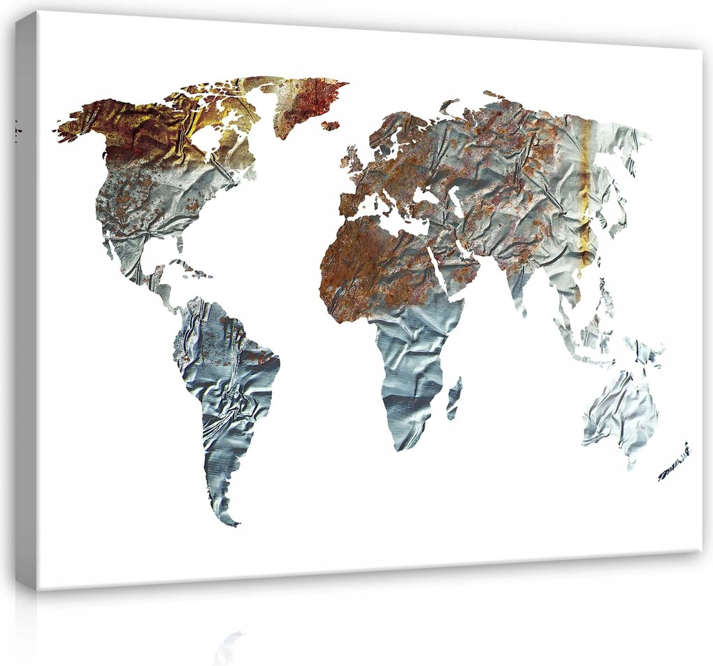 Obraz 100x75 Mapa světa kov textura rez stříbro hnědý moderní loft