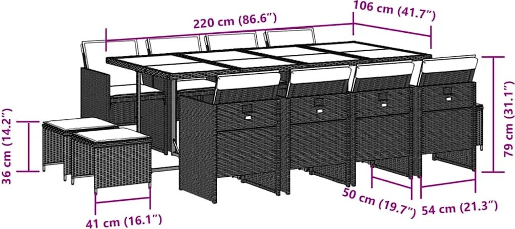 13dílný zahradní jídelní set s poduškami hnědý polyratan 3210621