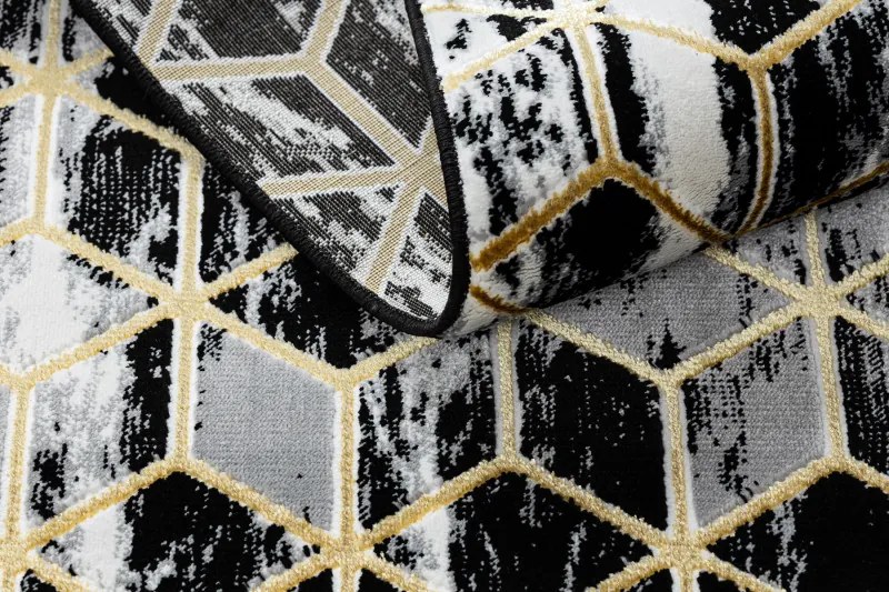 Dywany Łuszczów, Běhoun Gloss 409A 82 3D cubes black/gold/grey, 80x200, černá, obývací pokoj