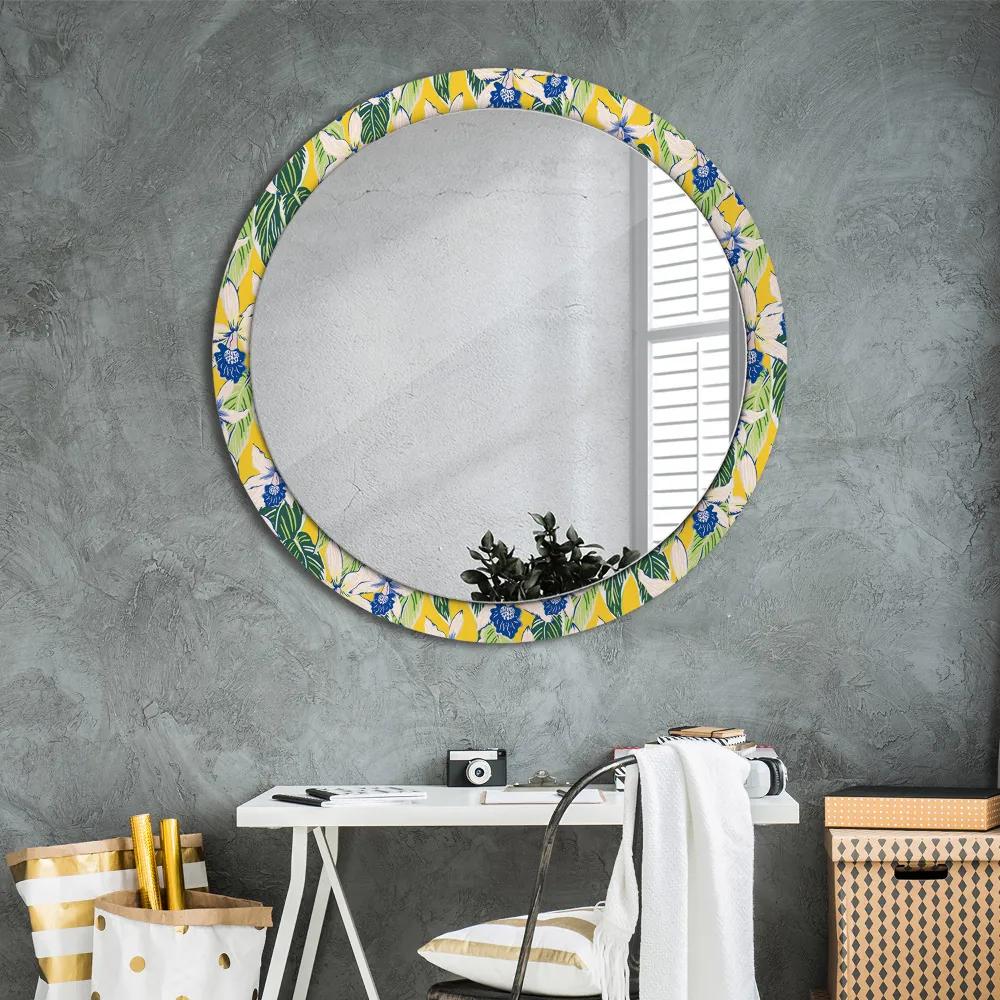 Kulaté zrcadlo tištěný rám Modré a žluté orchideje fi 100 cm