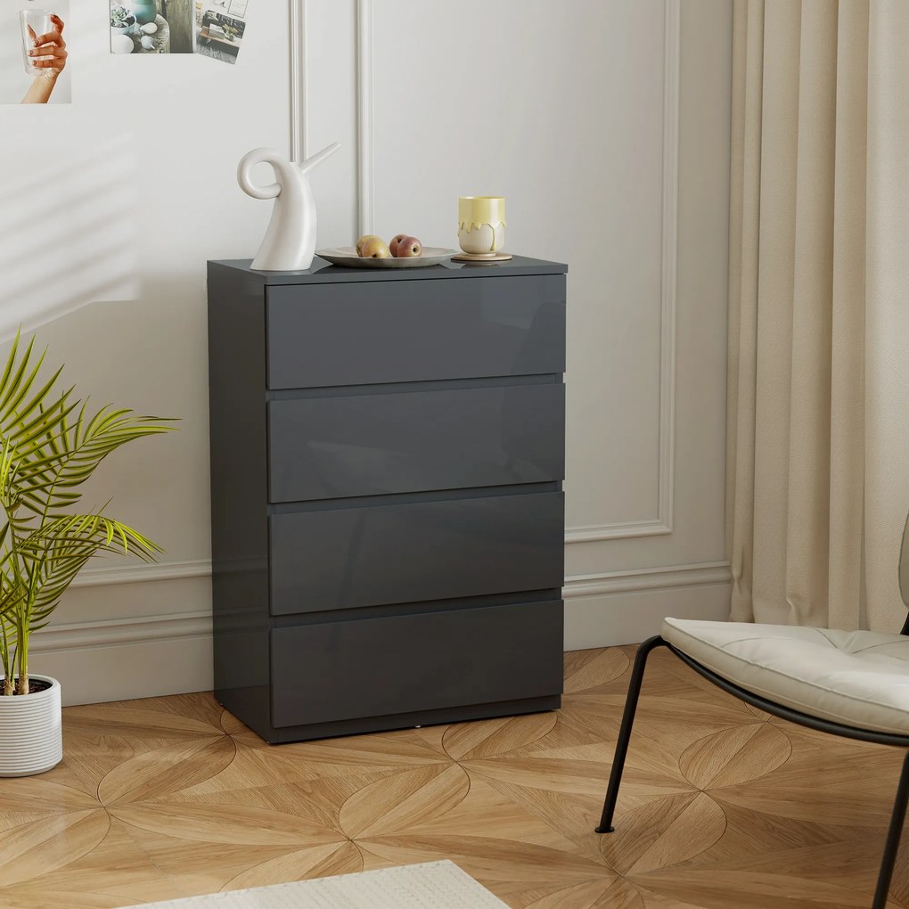 HOMCOM komoda se 4 zásuvkami, vysoce lesklý úložný nábytek, soft-close, 55 x 34 x 80 cm, šedá