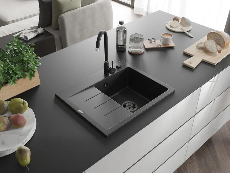 Mexen Ben, 1-komorový granitový dřez 600x500x190 mm, pravý + černý sifon, černá-stříbrná metalíza, 6523605000-73-B