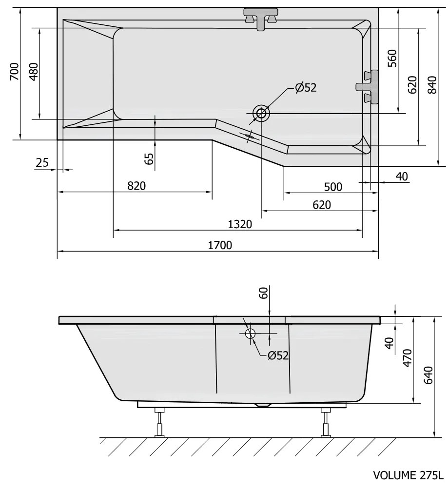 Polysan VERSYS R asymetrická vana 170x84x70x47cm, bílá 70611