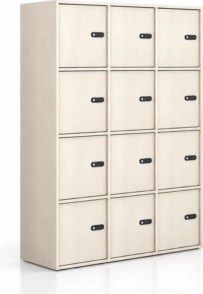 Kancelářská skříň FRAME, 12x dveře, 1299 x 450 x 1735 mm, mechanický kódový zámek, dub přírodní