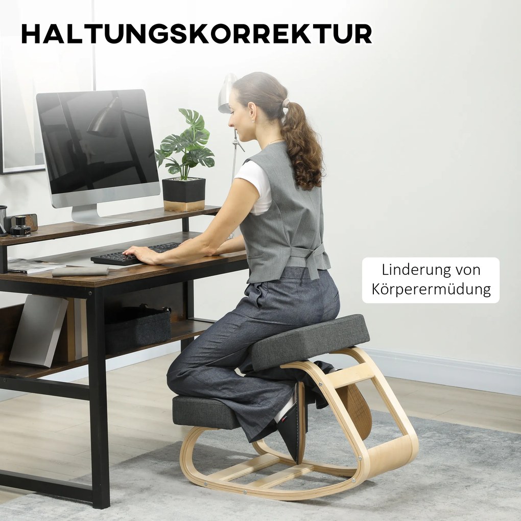 Vinsetto Kolenní židle, ergonomická posezení, polstrovaný stolek pro zdravé sezení, březové dřevo, nosnost 120 kg, tmavě šedá