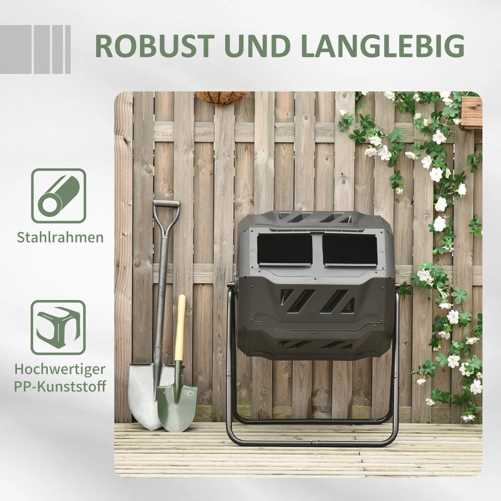 Bubnový kompostér Outsunny 160L zahradní kompostér se 2 přihrádkami, otočný, na organický odpad, černý, účinný a robustní