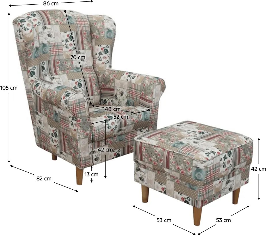 ušák, křeslo, s taburetem, látka patchwork Viorica 1, ASTRID