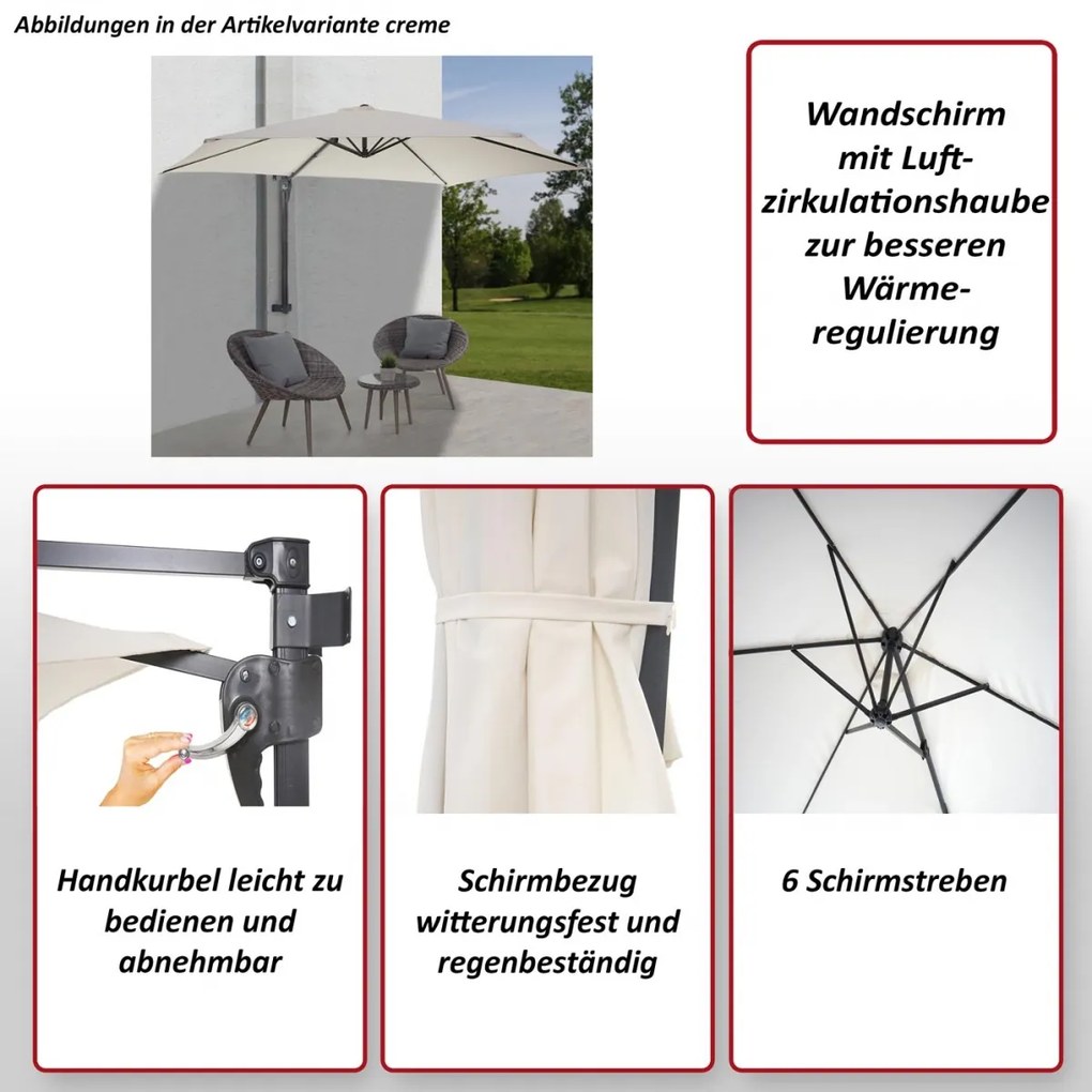 Nástěnný slunečník Casoria 3 m polyester hliník/ocel - šedá