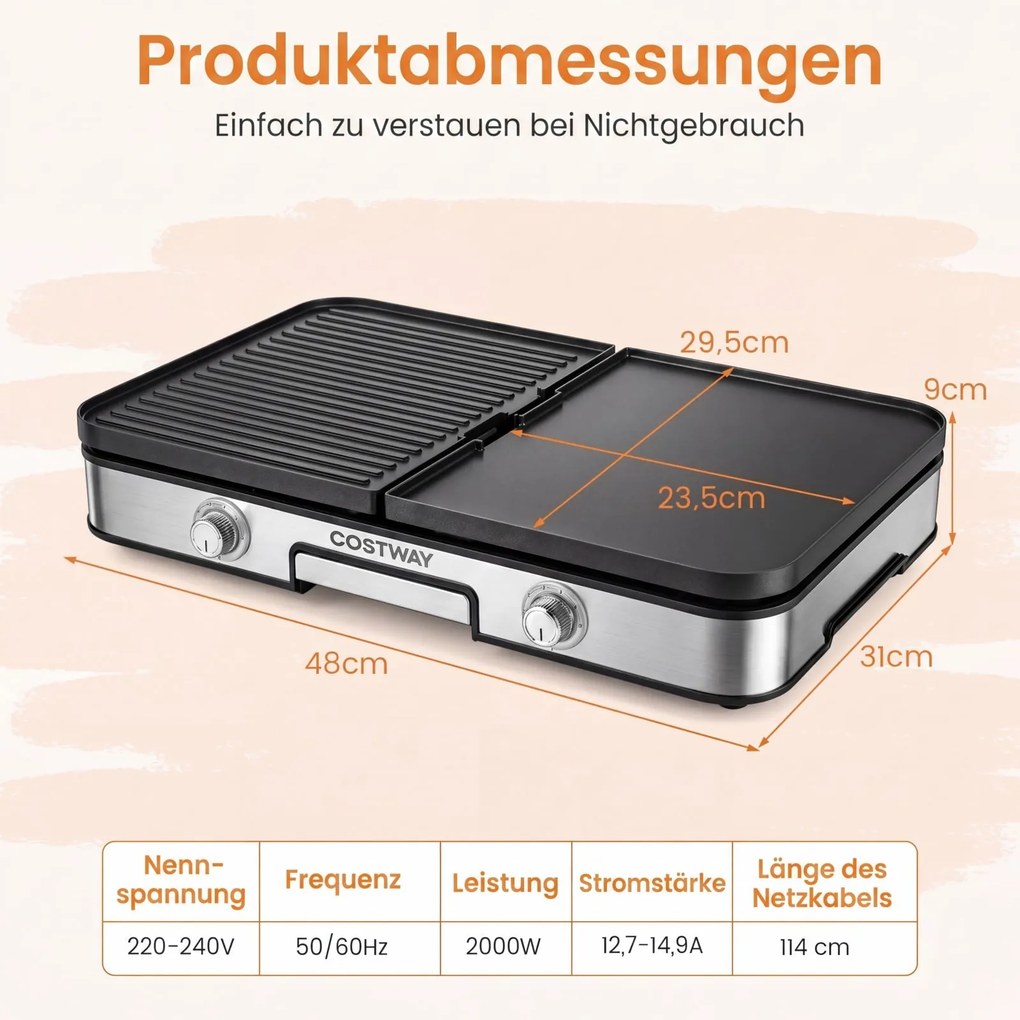 Costway 3-in-1 Elektrický stolní gril 2000 W elektrický gril s 2 Oddělené zóny