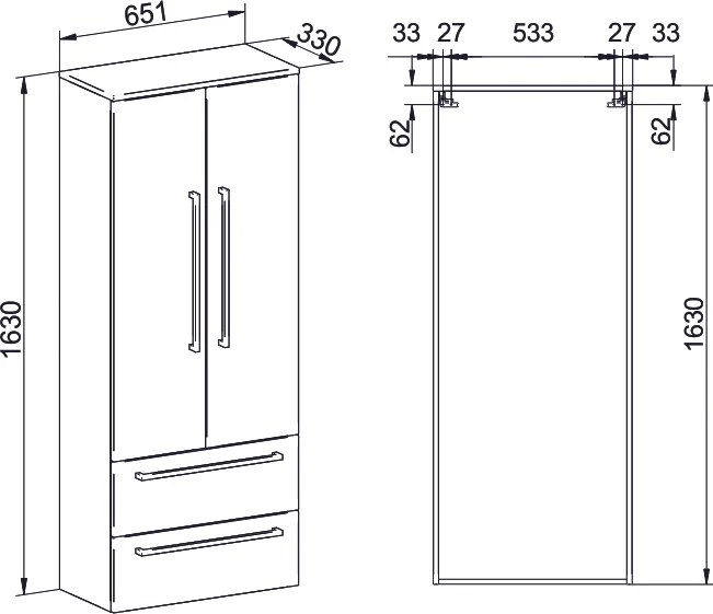 Mereo Mereo, Bino, koupelnová skříňka vysoká, dvojitá 163 cm, bílá, bíla/dub, CN669