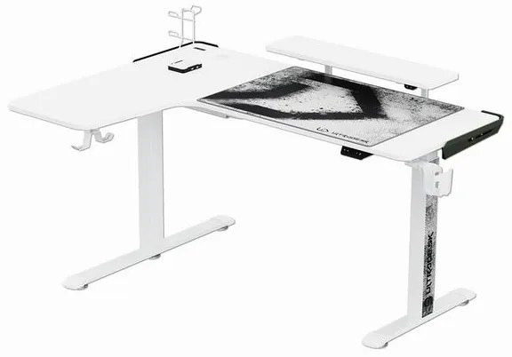 Herní stůl ULTRADESK WINGER – 111x155x60 cm, elektricky nastavitelná výška, RGB podsvícení, bílá Lama Plus