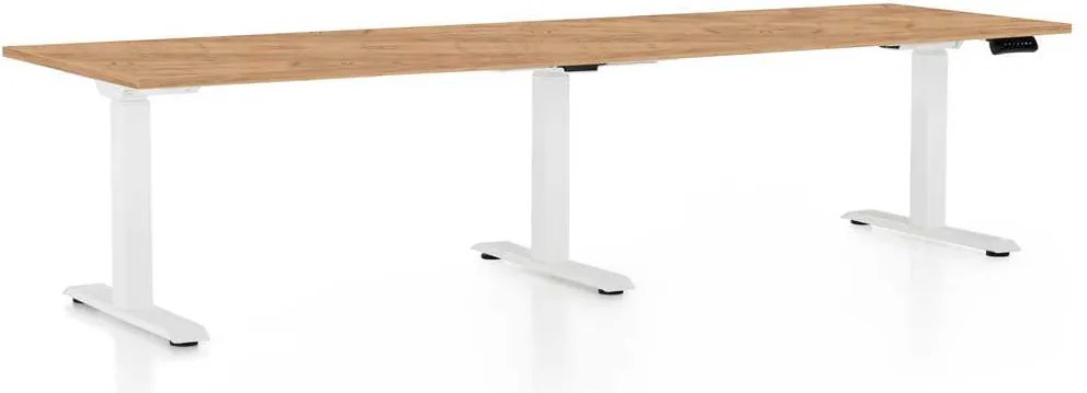 Výškově nastavitelný stůl OfficeTech Long, 260 x 80 cm, bílá podnož, dub kraft